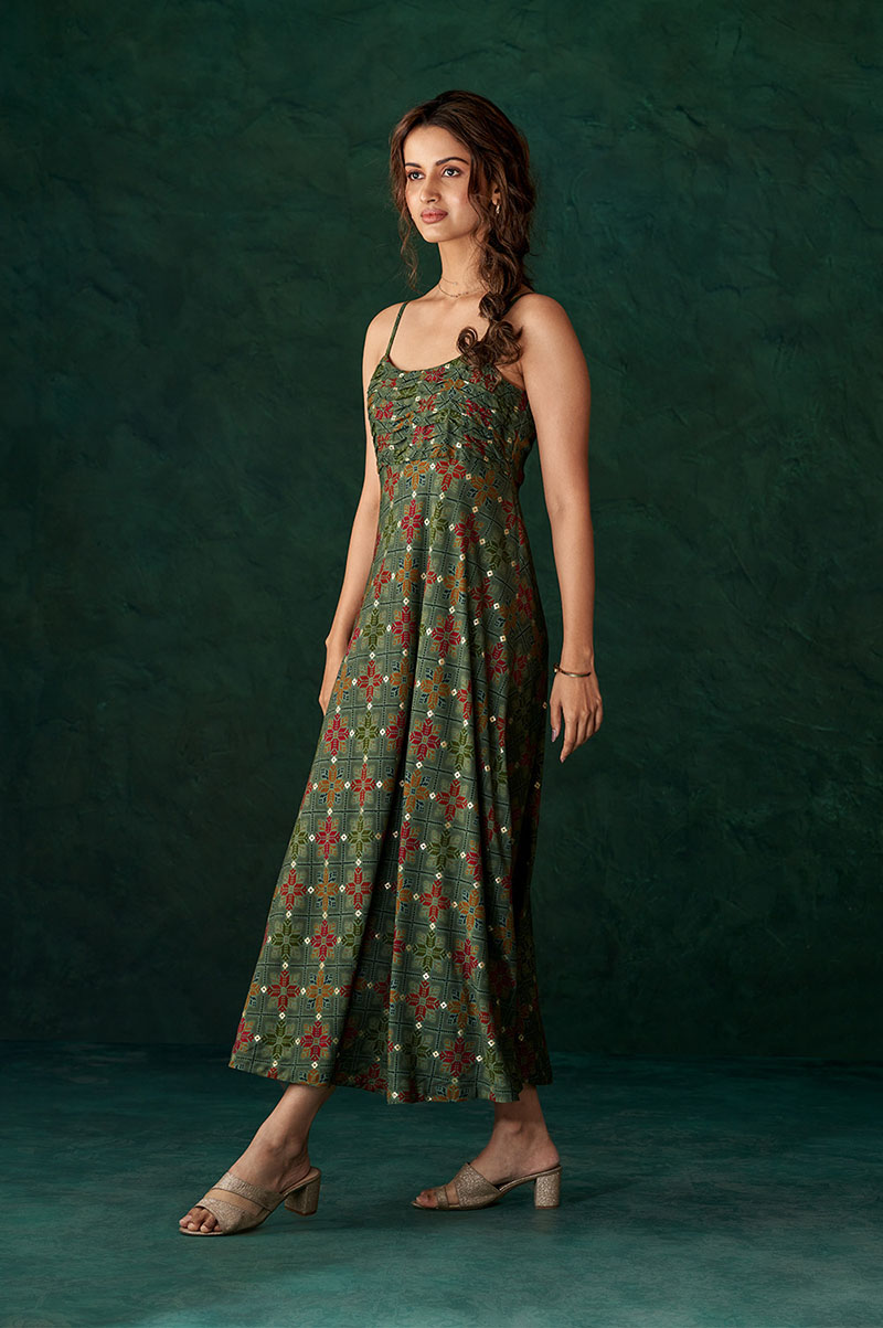 Earthy Green Foil Print Midi Dress | Dresoul