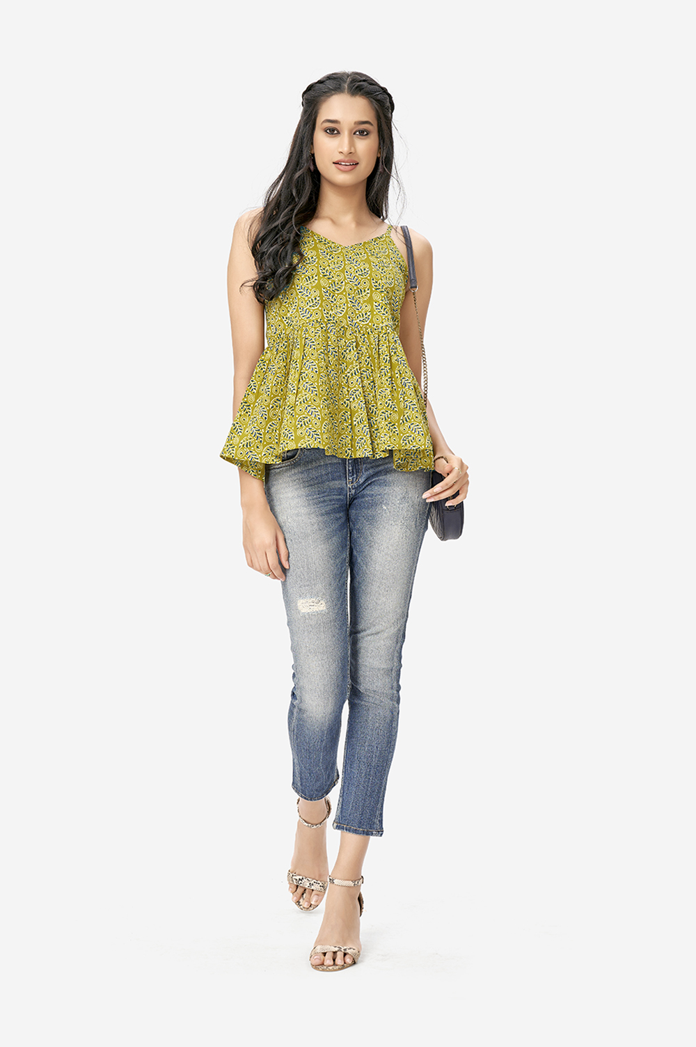 Sheen Green Indian Ethnic Print Peplum Top