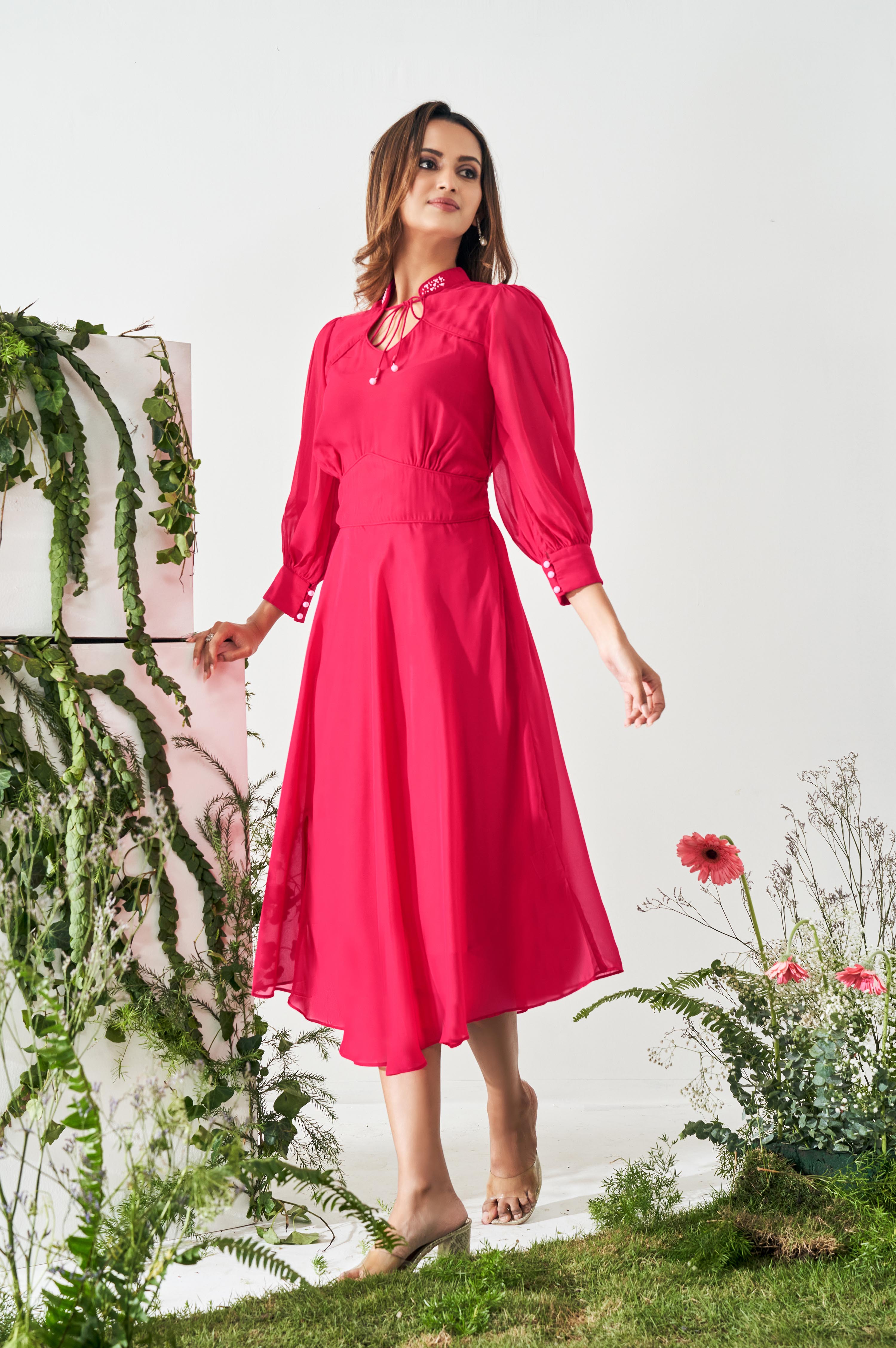 Bright Pink Fit and Flared Smoking Dress