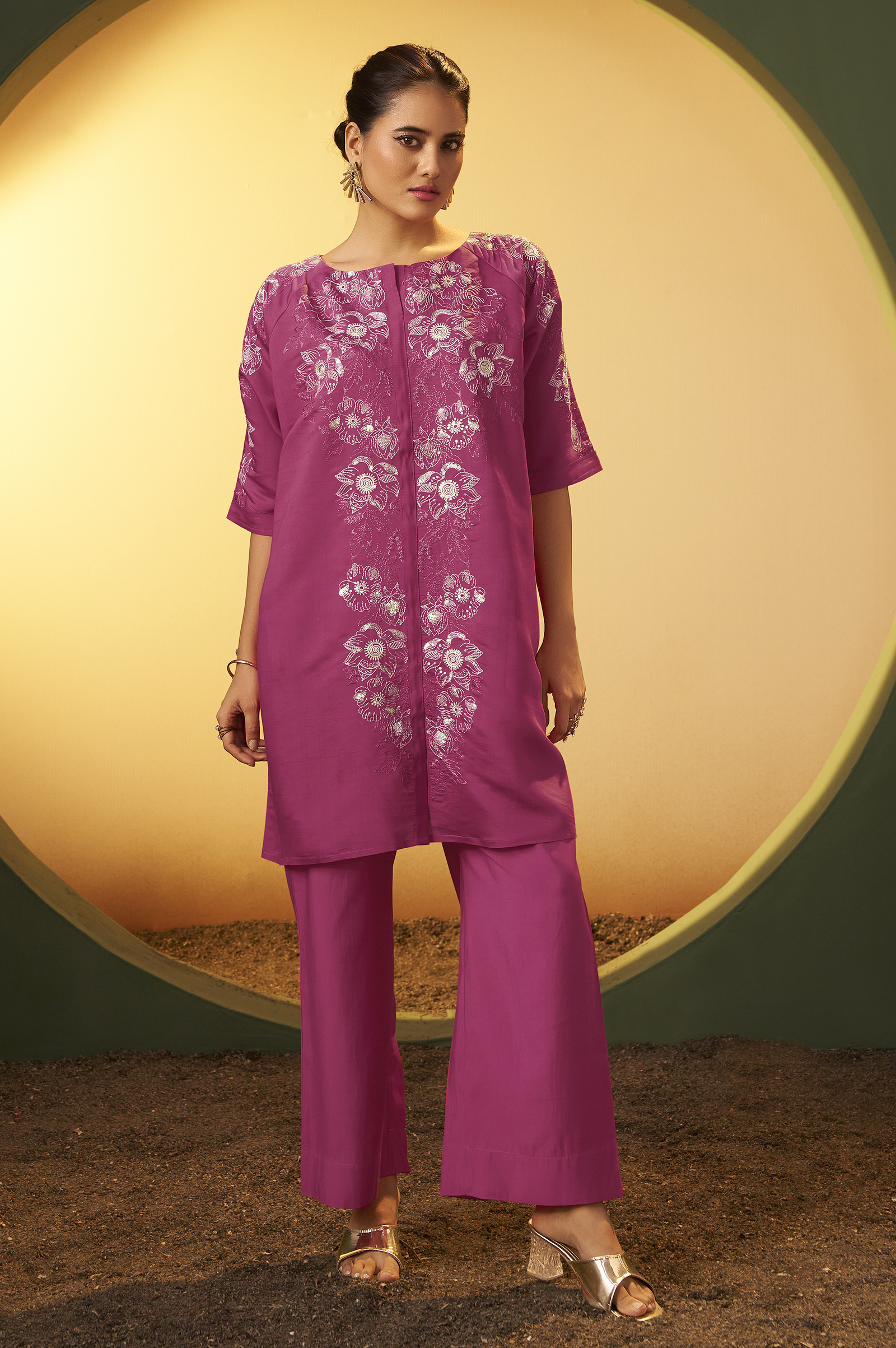 Women's Light Pink Embroidered Flared Roman Silk Knee-Length Kurti and ...